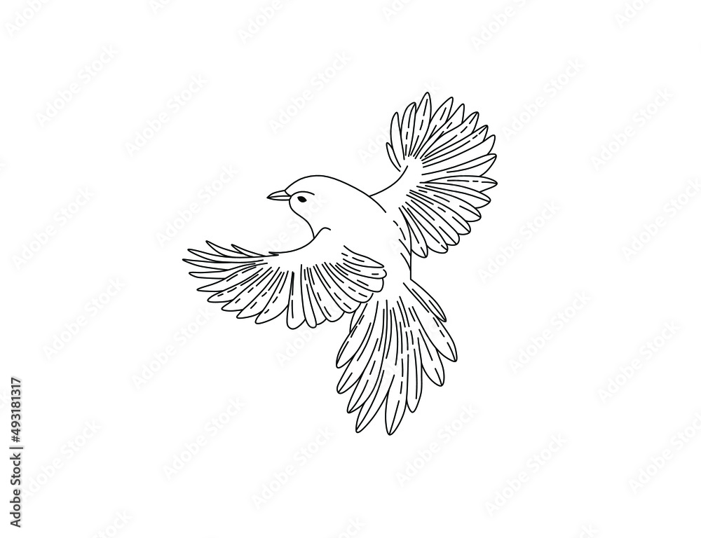 Vector isolated small flying bird with fluffed feathers colorless black ...