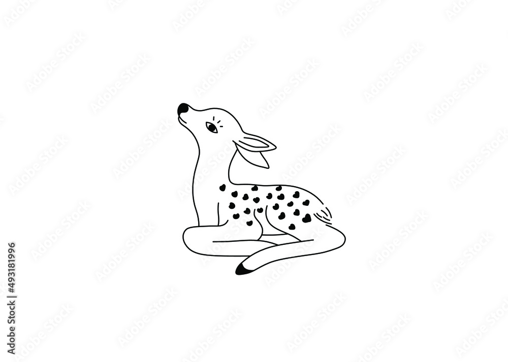 Vector isolated cute cartoon lying newborn fawn colorless black and ...