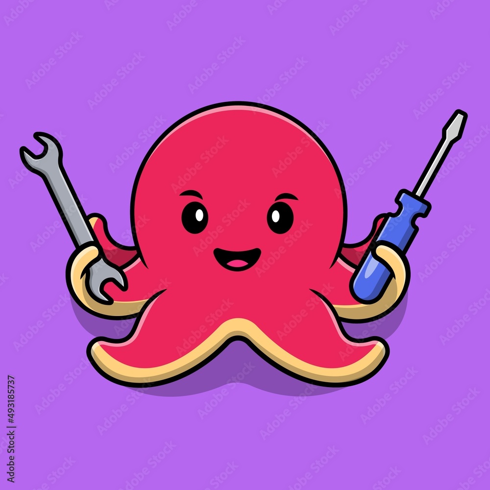 Cute Octopus Holding Wrench And Screwdriver Cartoon Vector Icon ...