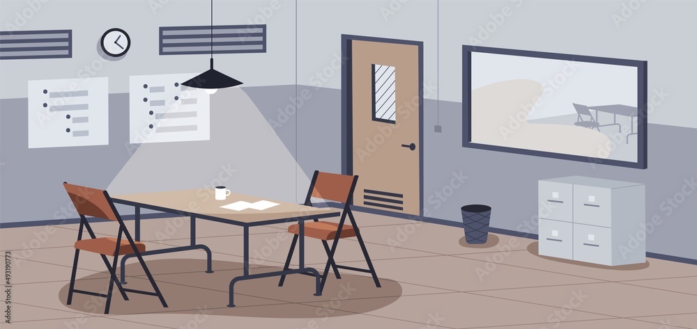 Police interrogation place. Empty secure hard interview room interior ...