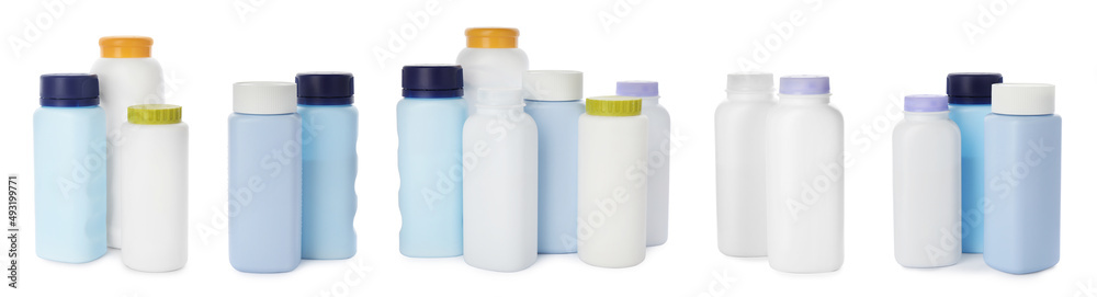 Set of baby powder bottles on white background, banner design Stock ...
