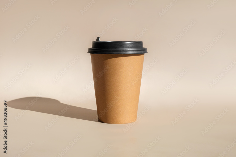 One Brown coffee paper cup. Mock-up with lid. Set of craft paper cups ...