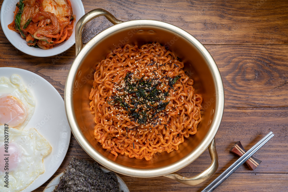 Korean traditional Ramyeon noodle in a traditional korean noodle pot ...