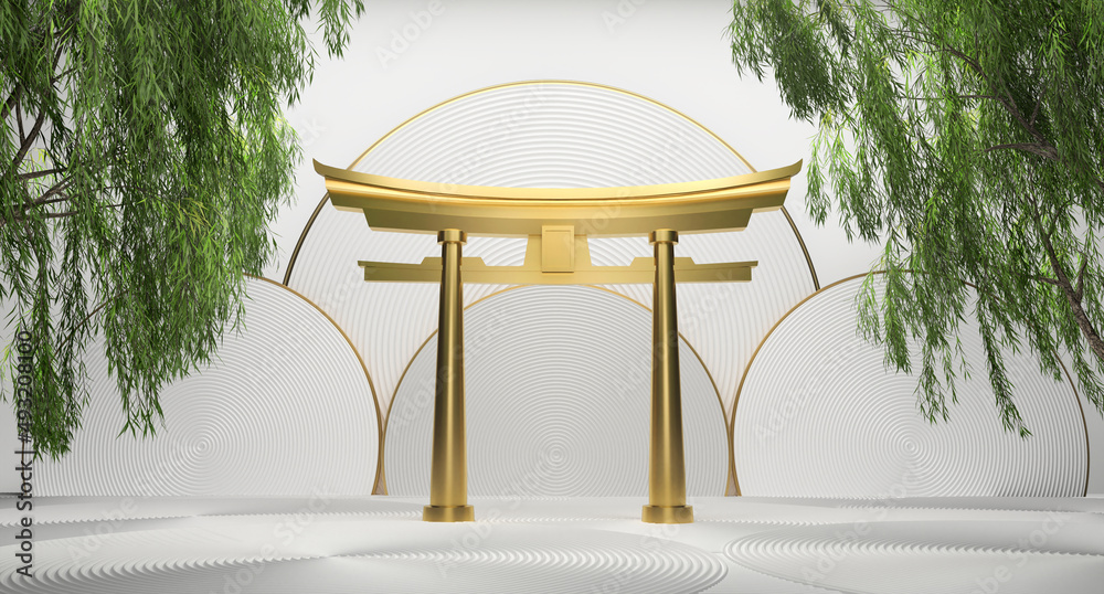 torii gates gold and weeping willow on a white background. 3d rendering ...