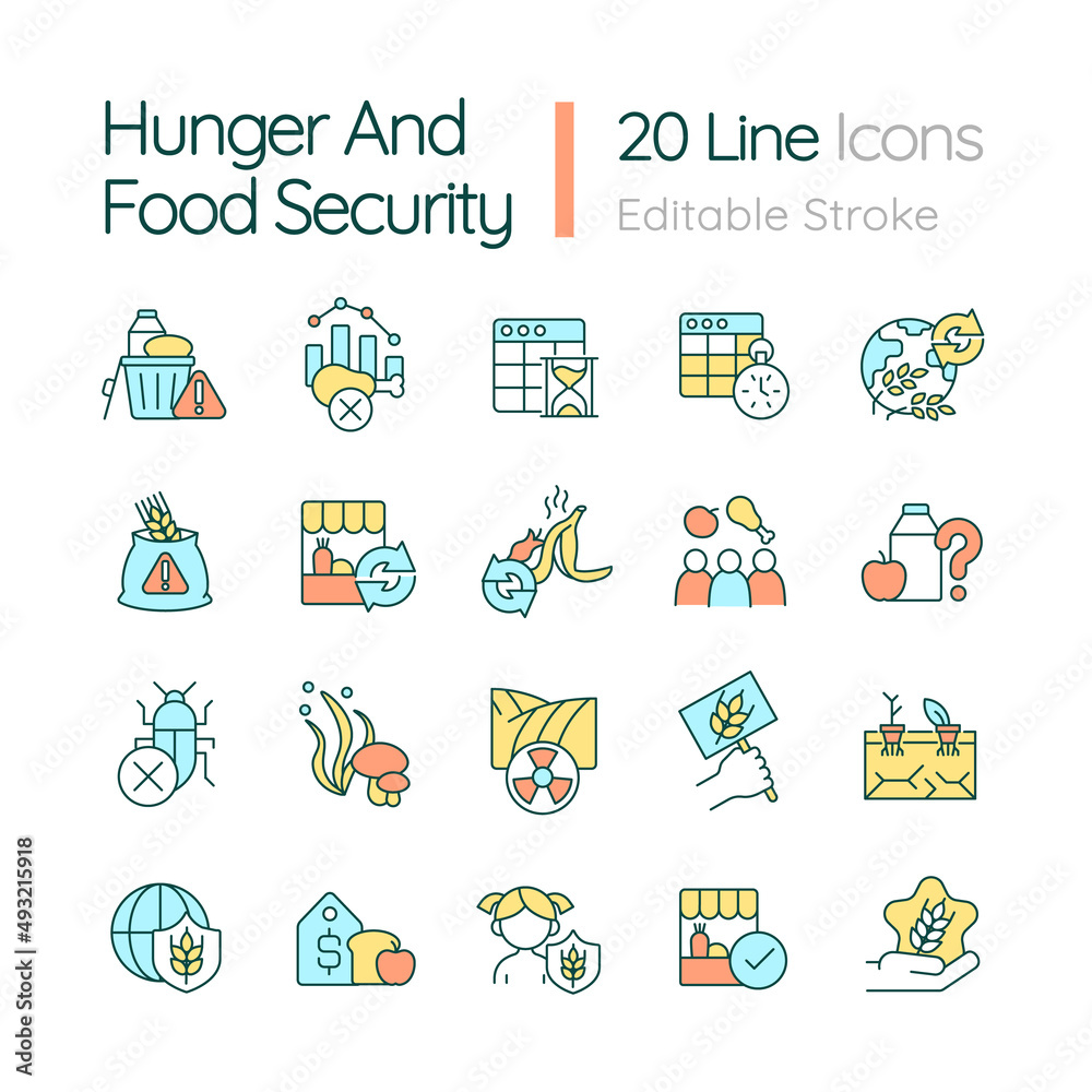 Hunger and food security RGB color icons set. Nutrition availability ...