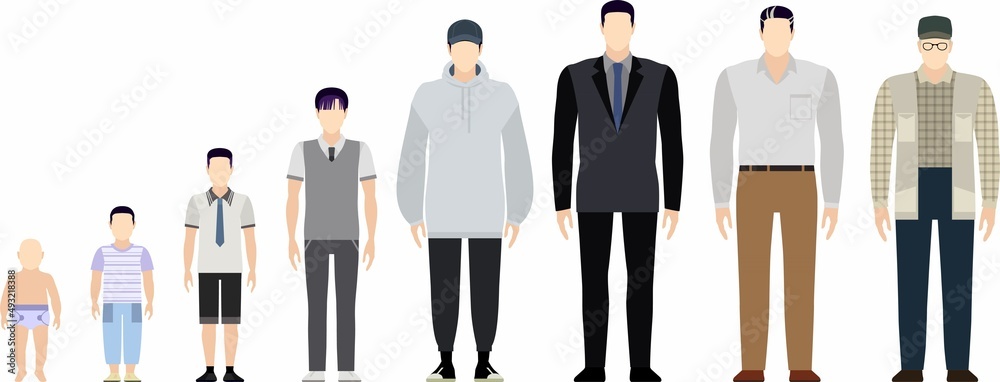 Man life cycle flat vector illustration. Stages of aging men. The human ...