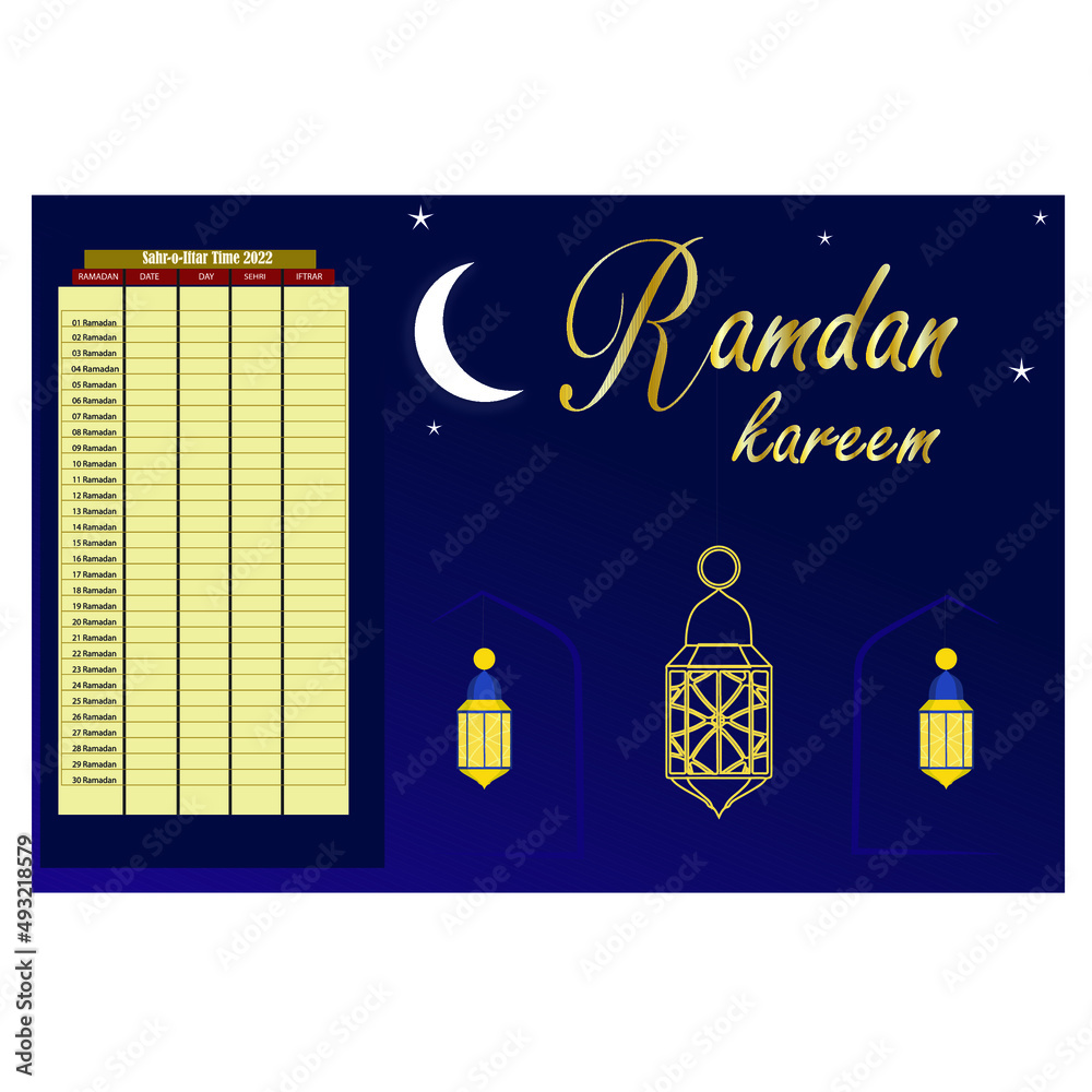 Ramzan 2022 calendar Islamic design with gold glowing lanterns moon ...