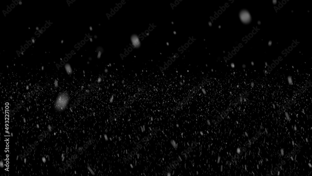 Falling snow at night. Bokeh lights on black background, flying ...