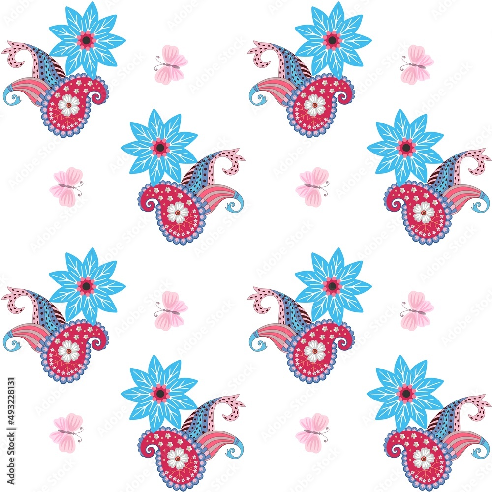 Beautiful repeat ornament with fluttering butterflies, paisley patterns ...