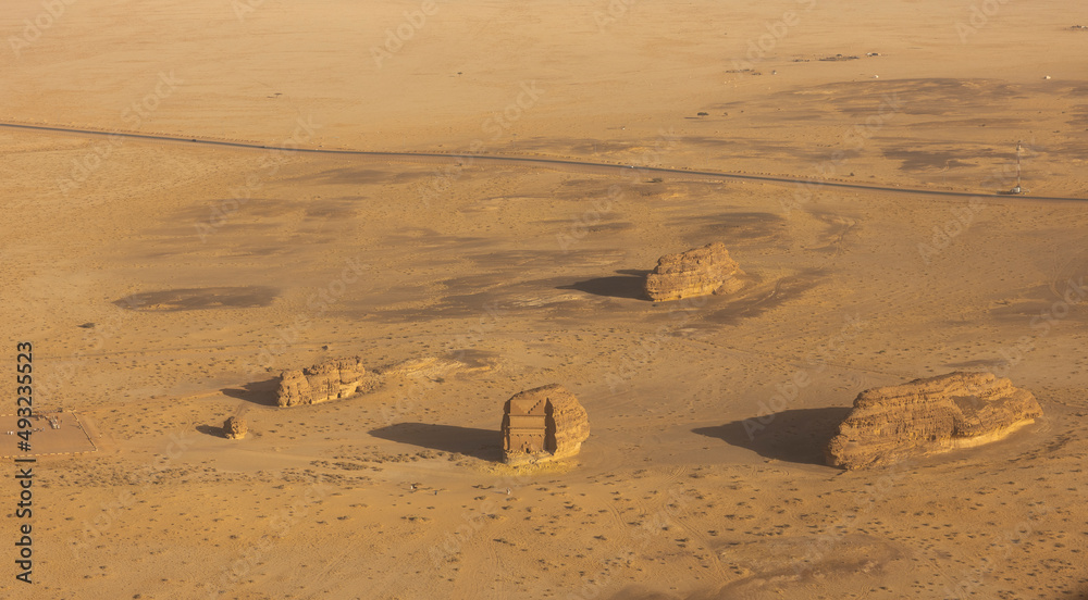Aerial view of the Tomb of Lihyan son of Kuza (Qasr AlFarid) at Mada'in ...