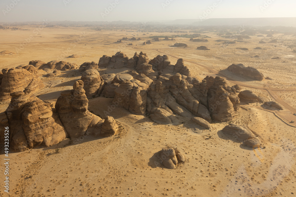 Aerial views of desert outcrops around the oasis of Al Ula in the north ...