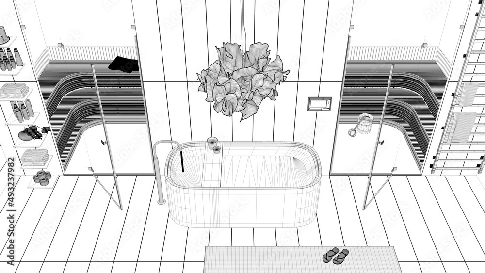 Blueprint project draft, minimalist wooden spa room, bathroom, wellness ...
