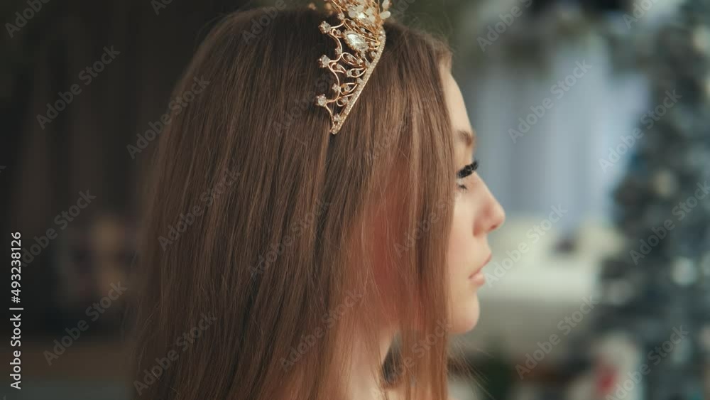 portrait close up fantasy beauty girl princess in golden crown on head ...