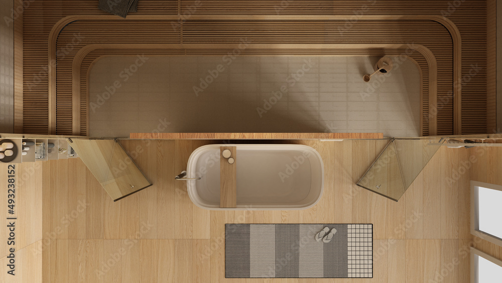 Modern wooden spa room in white tones, bathroom, wellness center ...