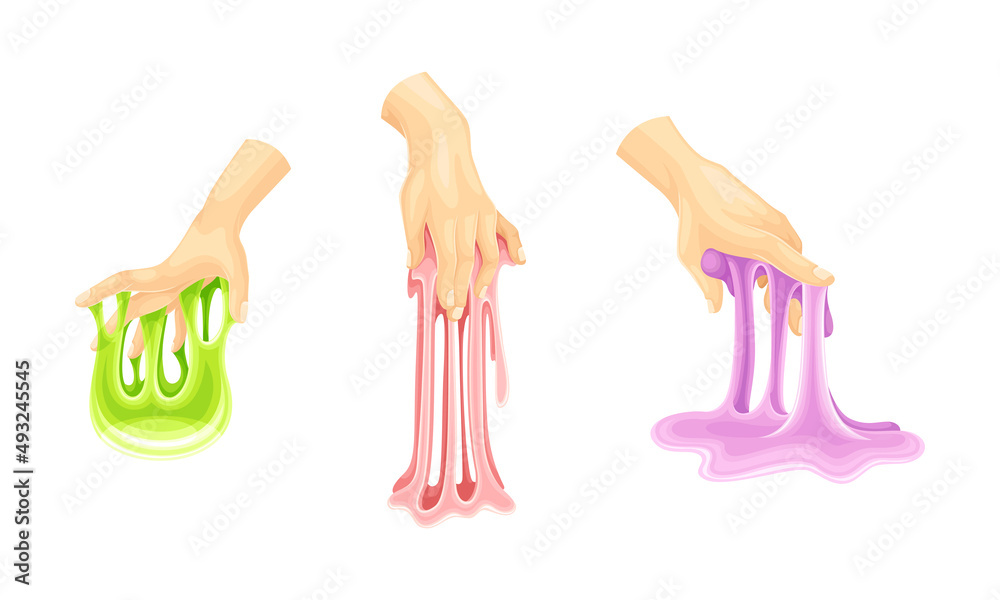 Human hand playing slimes set. Sticky colorful liquid hand gum cartoon ...