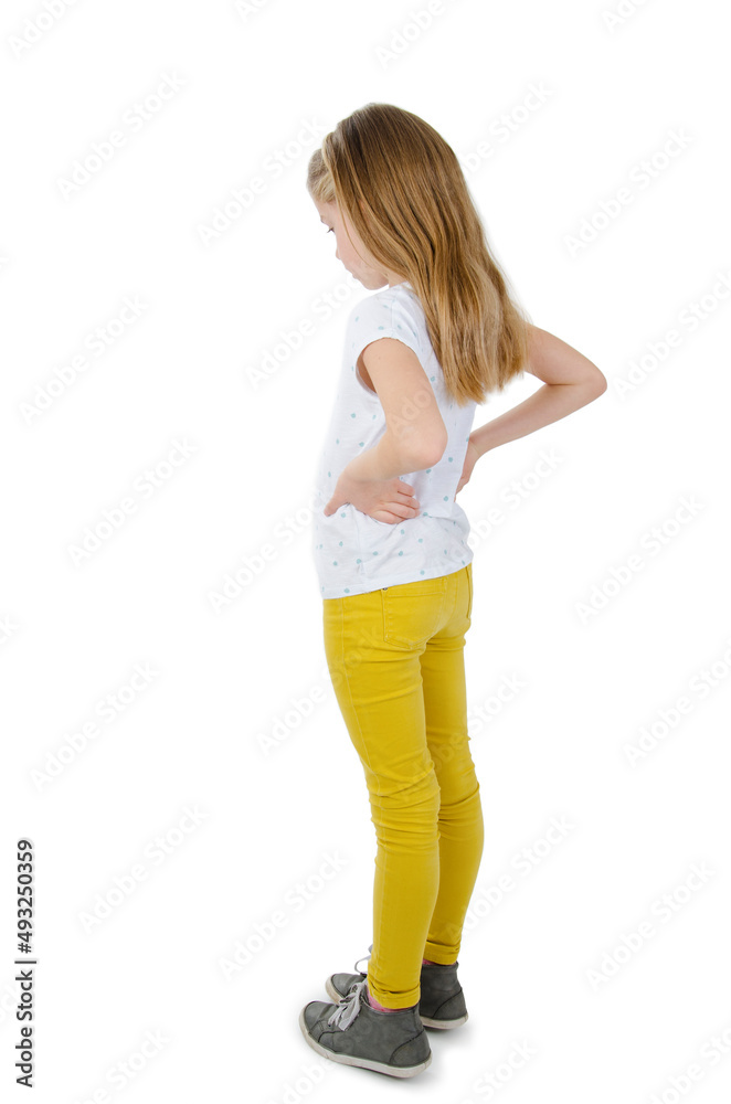 Back view of little girl looking at wall. Rear view. Isolated on white ...