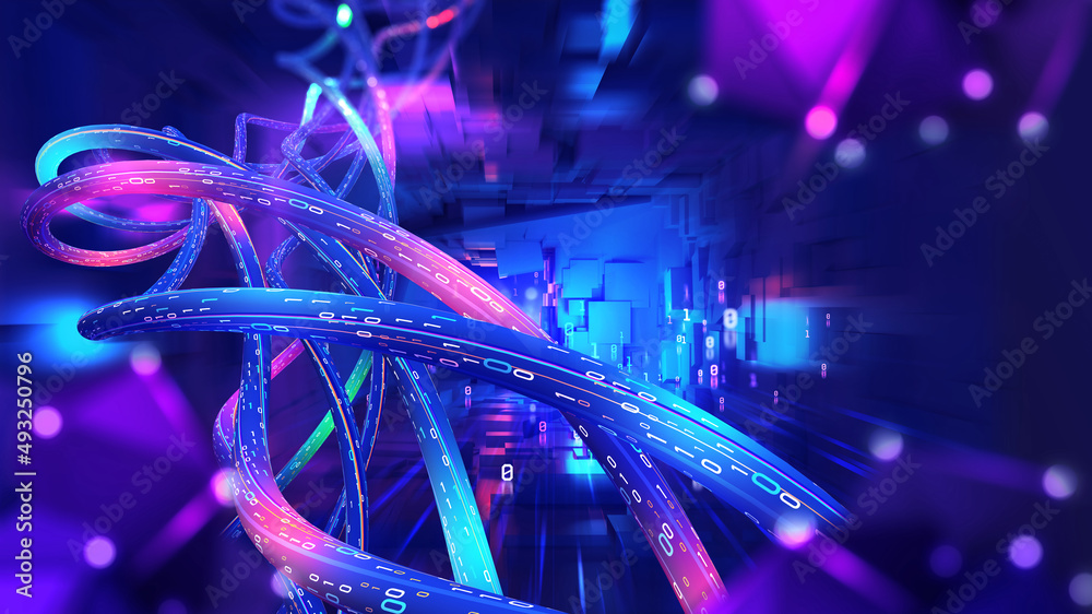 Abstract neon hi-tech background. Glowing neon chain, spiral. Cyberpunk ...