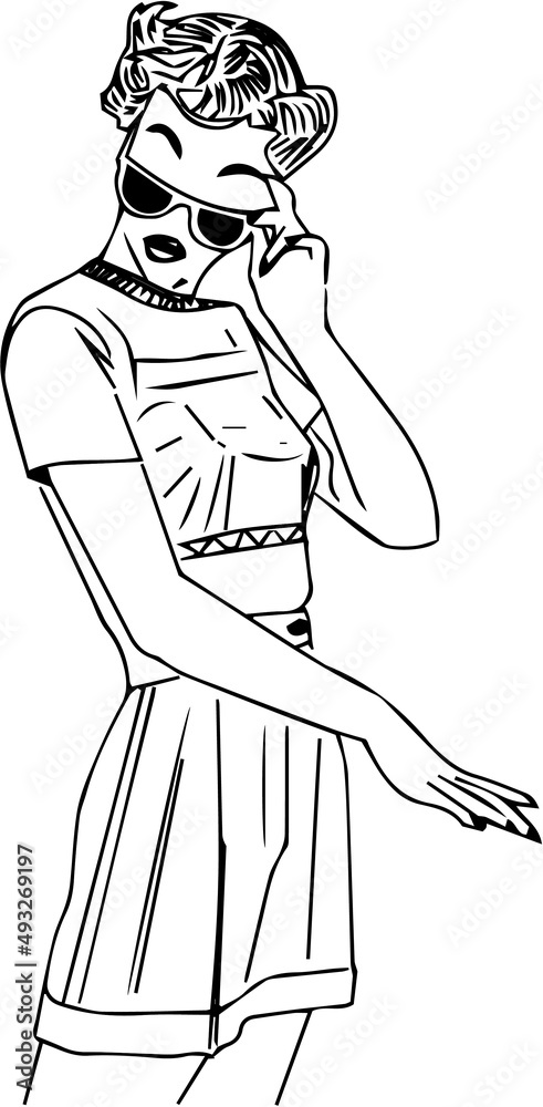 Line art illustration of pin up girl, Outline sketch drawing of stylish ...