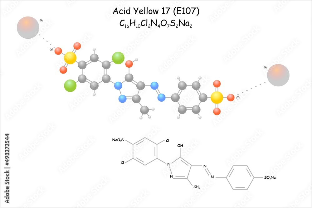 Molecule model and skeletal formula of the azo dye acid yellow 17 ...