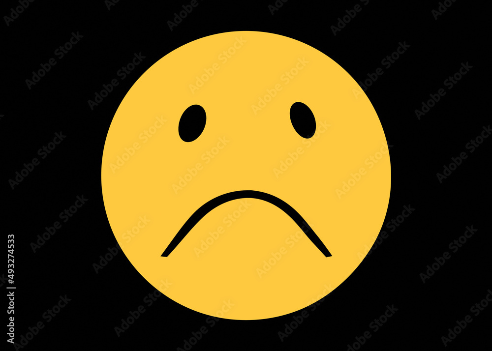 A sad emoji (smile), drawn in a simple style, a yellow round shape over ...