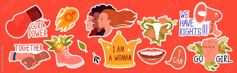 Set of empowering feminism stickers. Human and gender equality, women ...