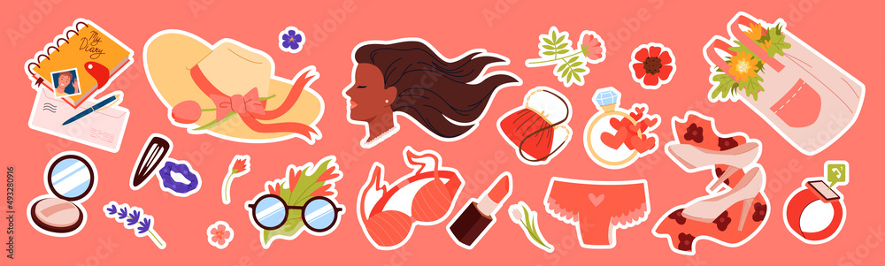 Beauty stickers for girls set vector illustration. Cartoon trendy ...
