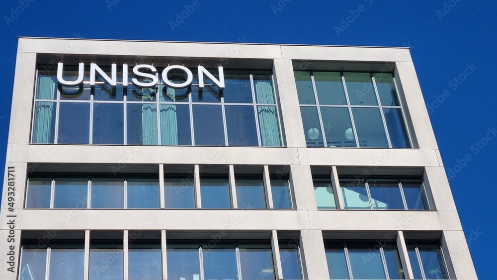 London, England. UK 03 16 2022 Unison office building showing the logo ...