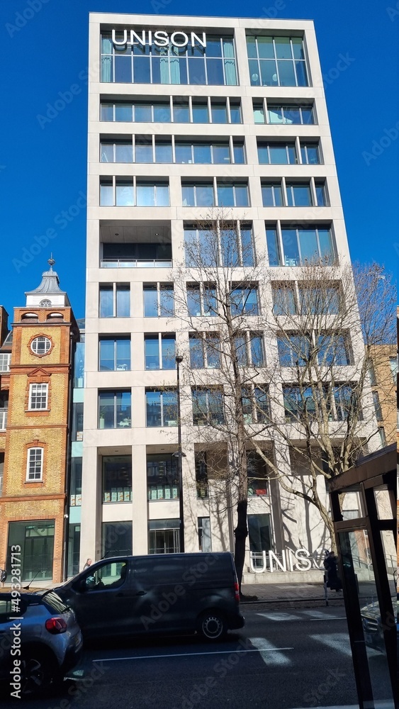 London, England. UK 03 16 2022 Unison office building showing the logo ...