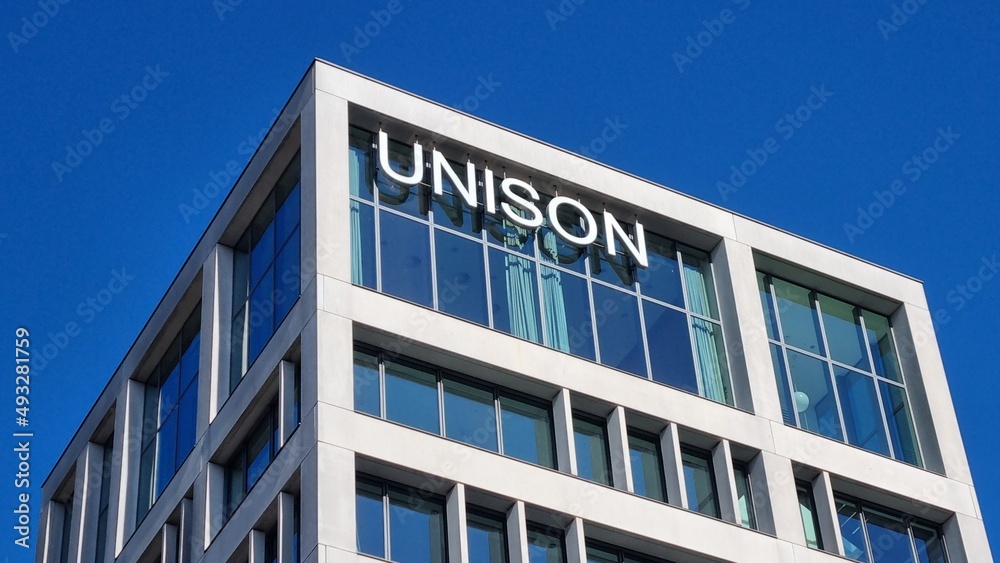 London, England. UK 03 16 2022 Unison office building showing the logo ...