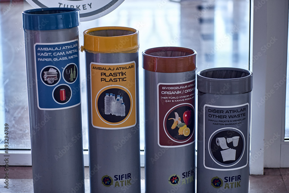 Kemer, Turkey - May 19: Waste bins with sorting for different types of ...