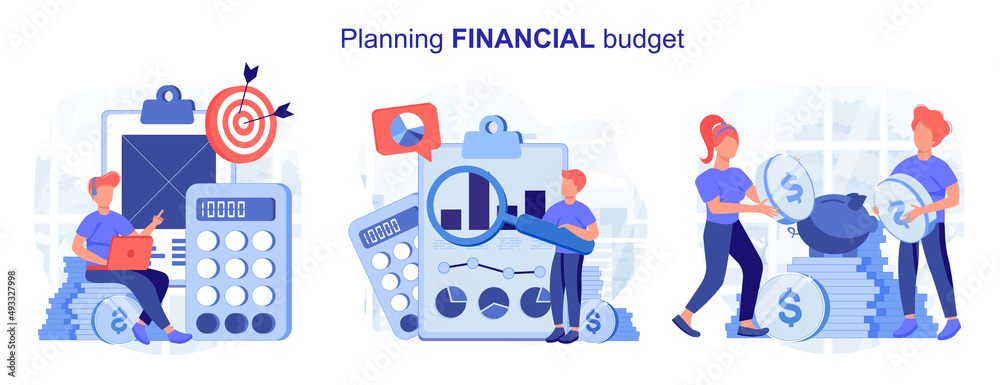Planning financial budget isolated set in flat design. People make ...