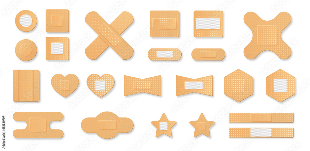 Set of First aid band plaster. Medical patches of various shapes for ...