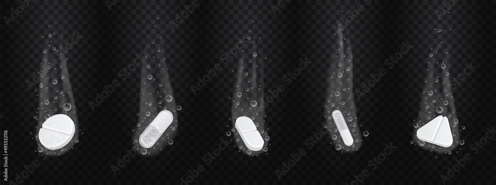 Set of pills with bubbles. Effervescent Tablets and capsules dissolving ...