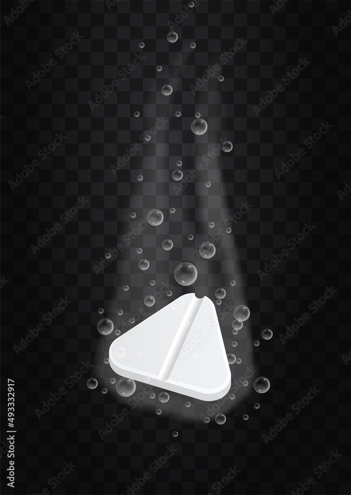 Triangular Tablet with bubbles concept. Pill for treatment of diseases ...