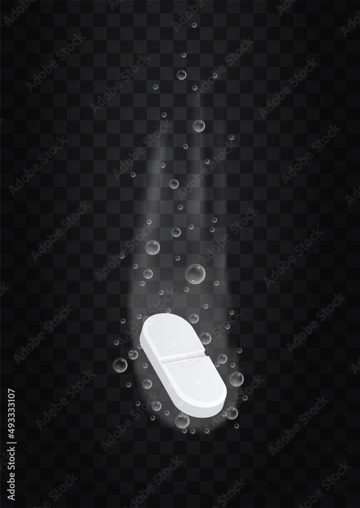 Oval Tablet with bubbles concept Pill or vitamin supplement dissolving ...