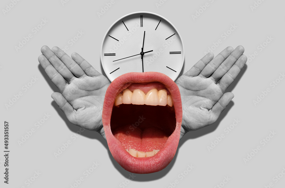 Open mouth, human palms and clock Stock Photo | Adobe Stock