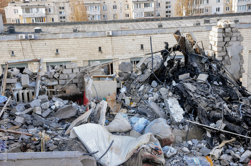 Kyiv, Ukraine, 17 March 2022: War of Russia against Ukraine. A residential building damaged by ...
