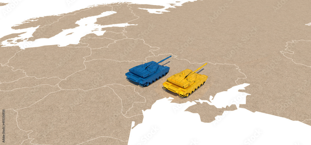War conflict on the border of Ukraine with Russia. 3D illustration ...