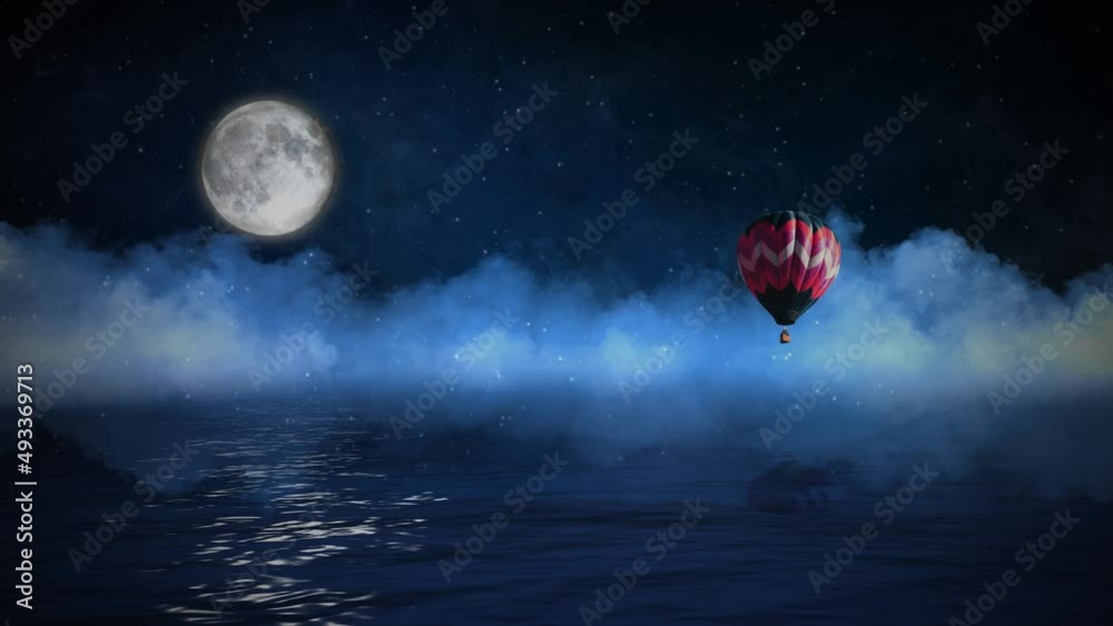 Hot Air Balloon Over Water with Full Moon 4K features an ocean or lake ...