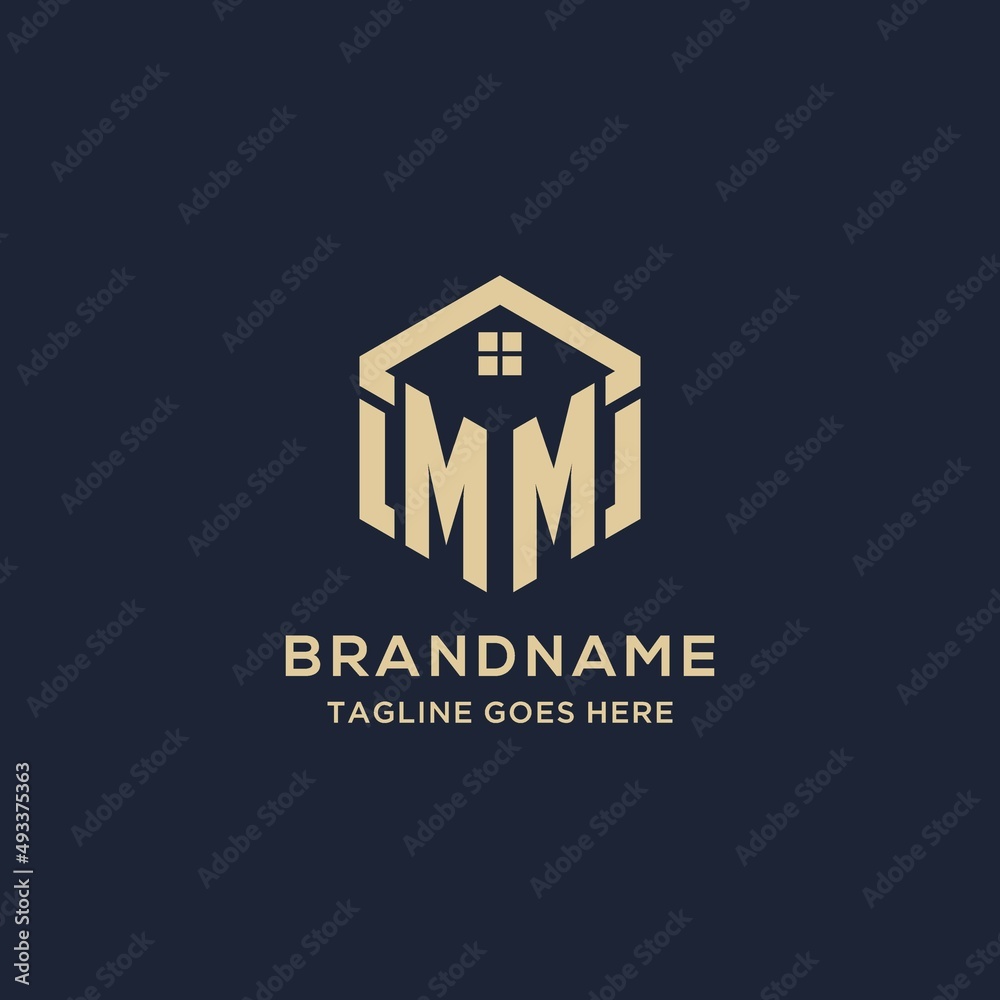 Initials MM logo with abstract home roof hexagon shape, simple and ...