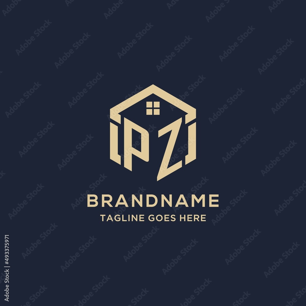Initials PZ logo with abstract home roof hexagon shape, simple and modern real estate logo ...