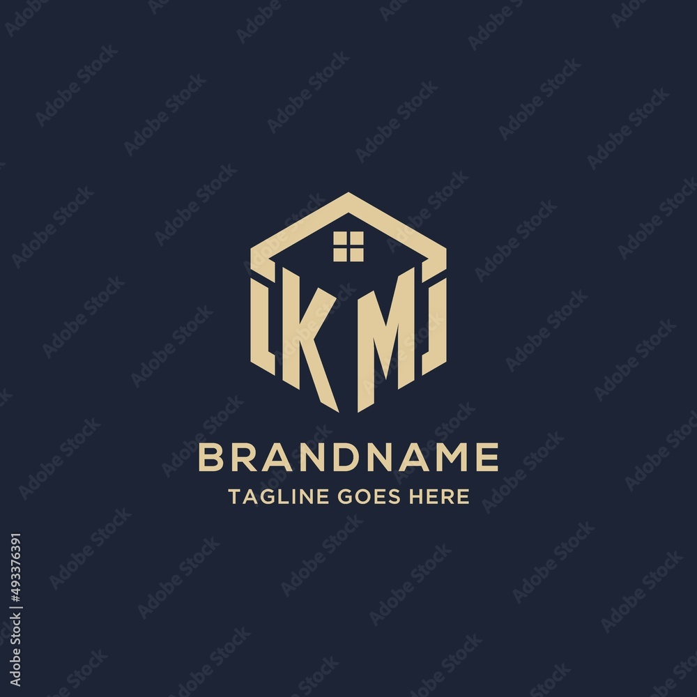 Initials KM logo with abstract home roof hexagon shape, simple and ...