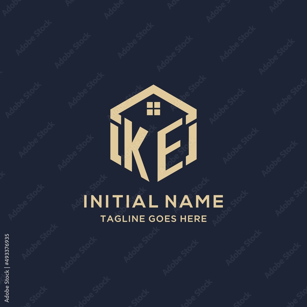 Initials KE logo with abstract home roof hexagon shape, simple and modern real estate logo ...