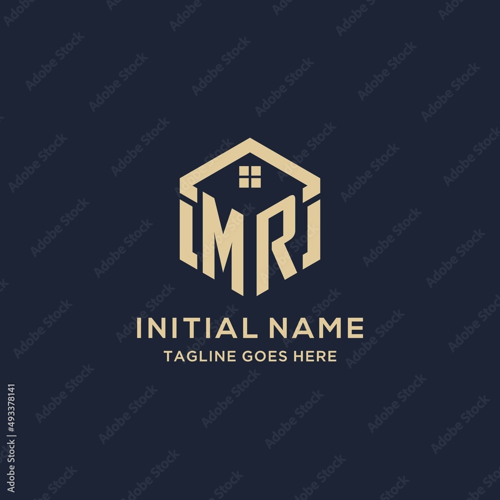 Initials MR logo with abstract home roof hexagon shape, simple and ...