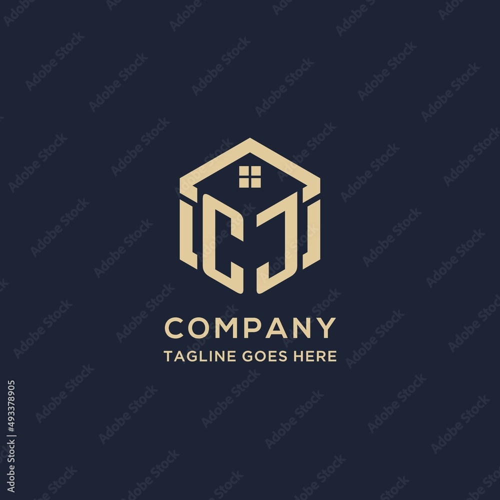 Initials CJ logo with abstract home roof hexagon shape, simple and modern real estate logo ...