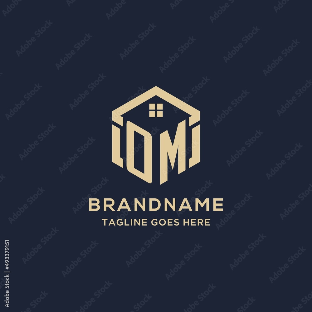 Initials OM logo with abstract home roof hexagon shape, simple and ...