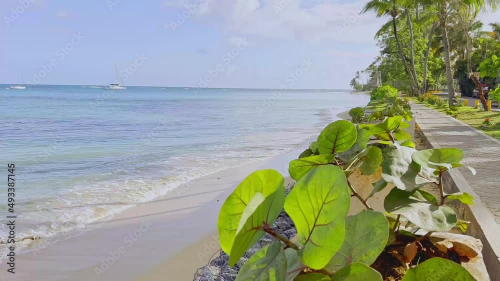 Handheld view of alleyway at Playa Punta Popy with sailboats in ...