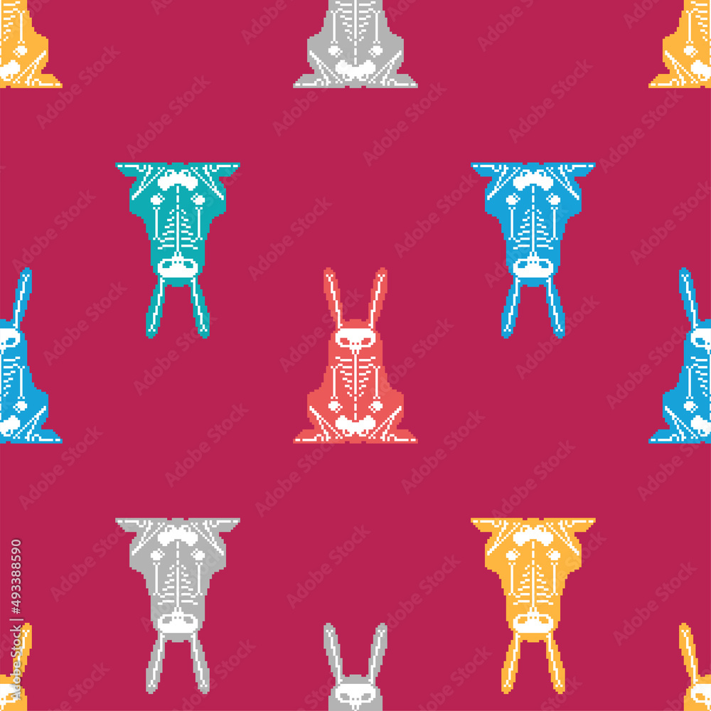 Skeleton Rabbit pixel art pattern seamless. 8 bit Skull hare background ...