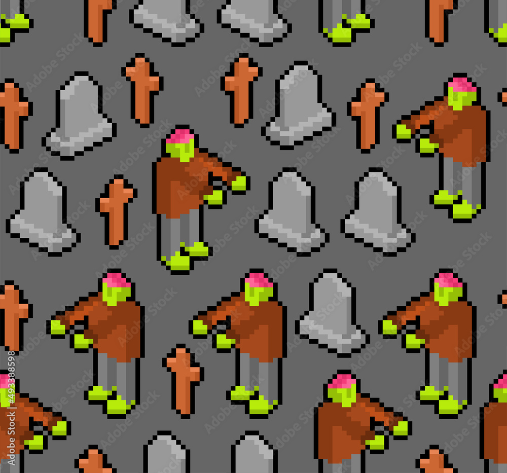 Zombie pixel art pattern seamless. 8 bit Dead man in Cemetery. monster ...