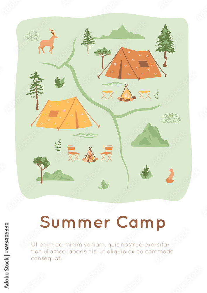 Summer camp map with tents, campfire, chairs. Hiking, eco tourism ...